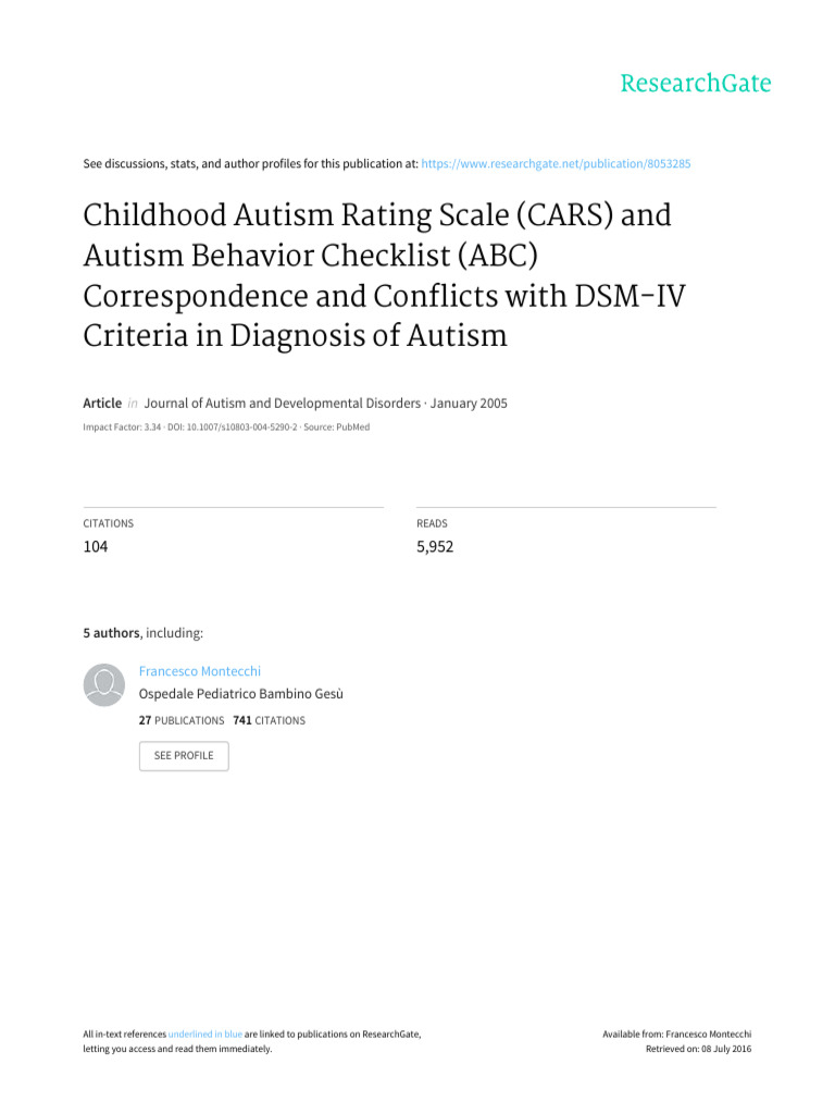 Childhood Autism Rating Scale CARS and A | PDF