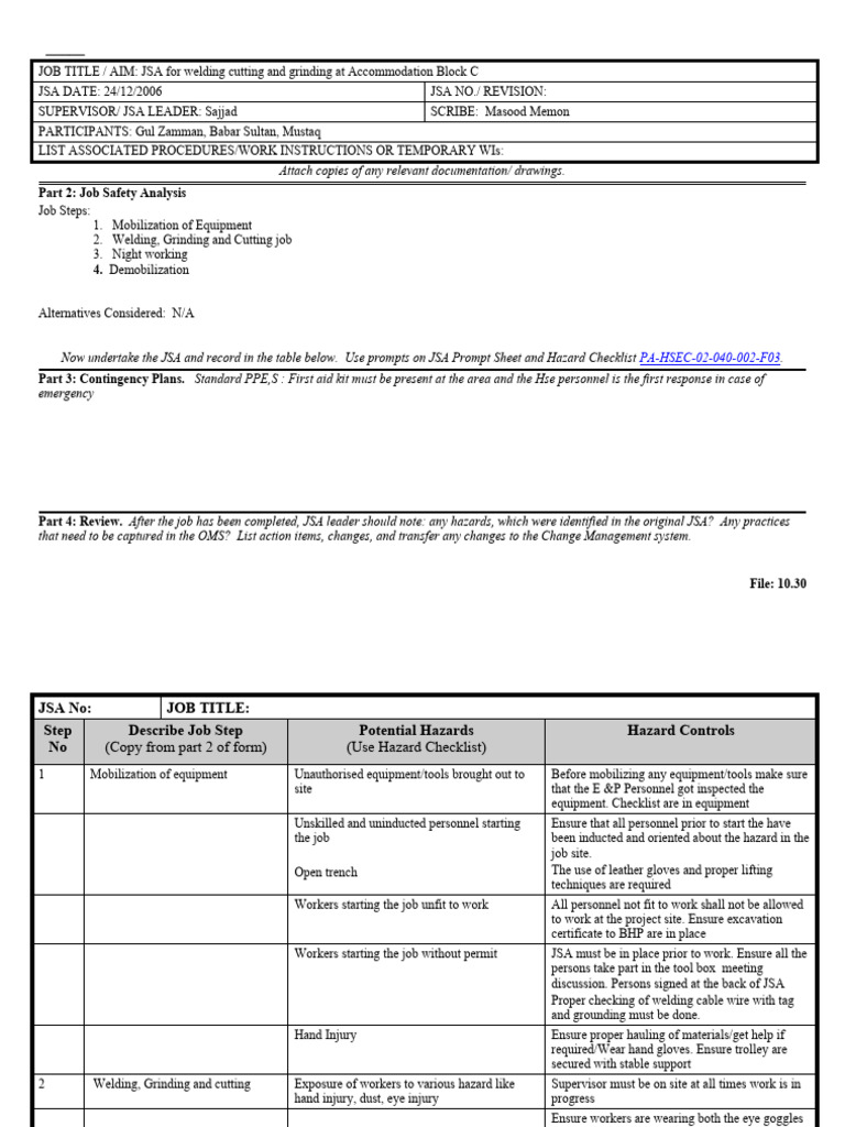 Copy (2) of JSA For Welding, Cutting and Grinding (Alam Engineering ...