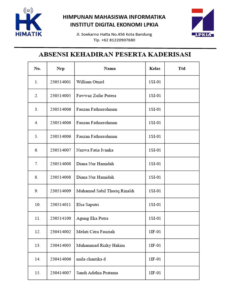 Absen Kaderisasi | PDF