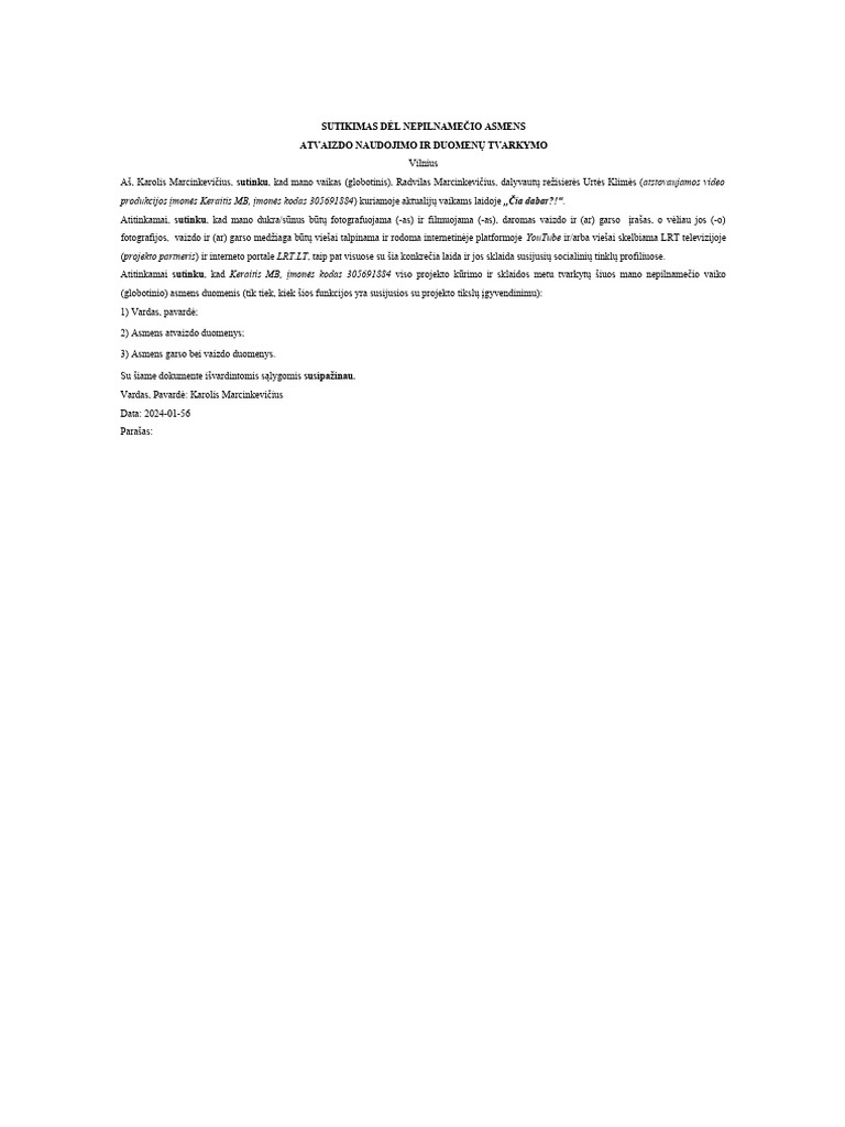 FORMA - Sutikimas - Dėl - Atvaizdo - Naudojimo (NEPILNAMEČIAMS) | PDF