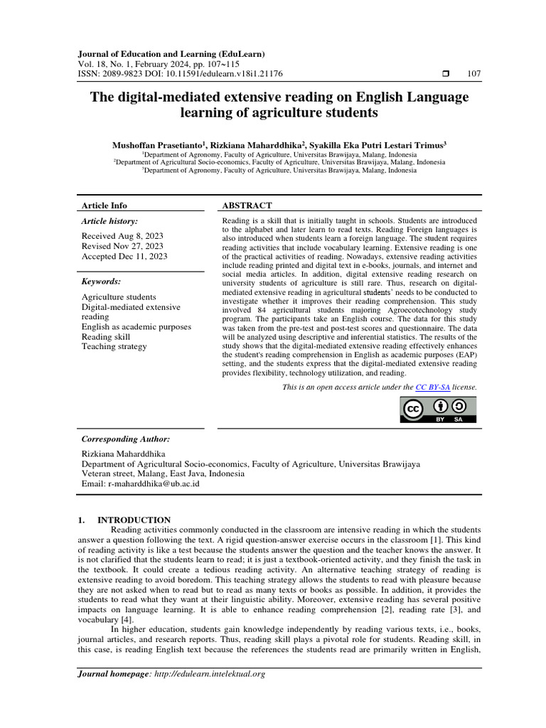 The Digital-Mediated Extensive Reading On English Language Learning of Agriculture Students ...