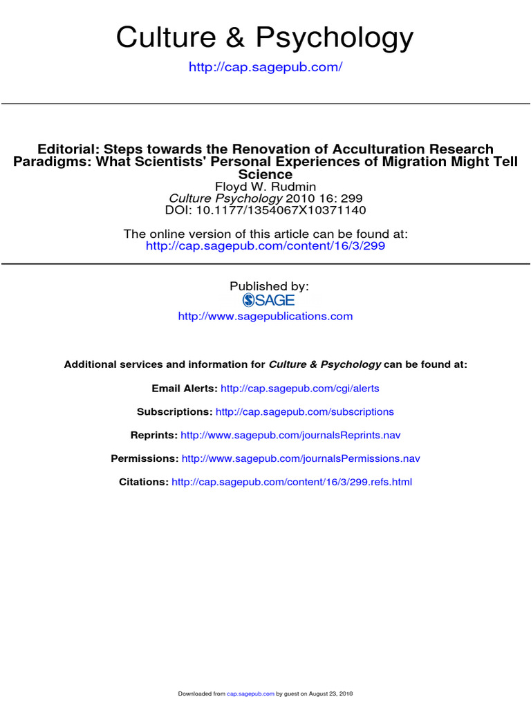 Steps Towards The Renovation of Acculturation Research | PDF | Cultural ...