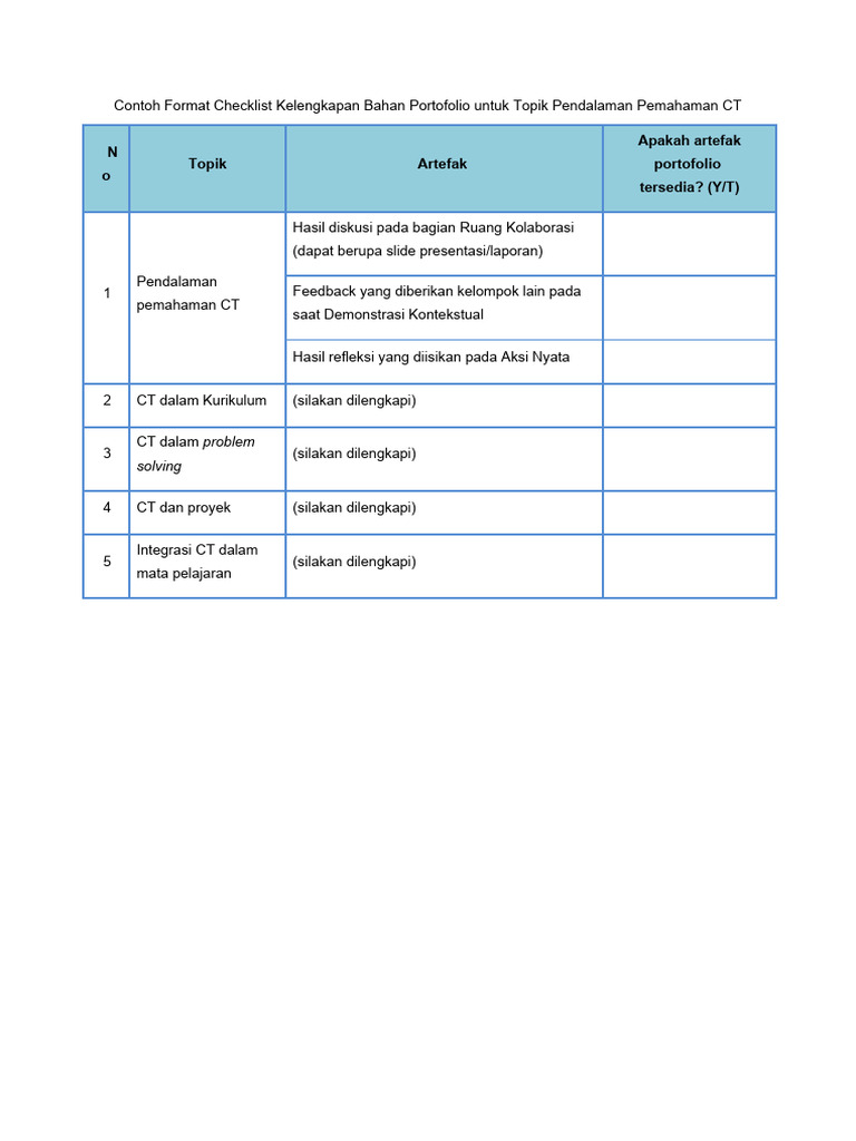 Contoh Format Checklist Kelengkapan Bahan Portofolio | PDF