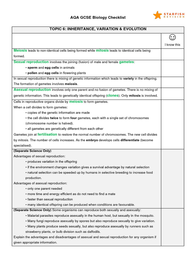 6 Inheritance Variation and Evolution Checklist | PDF | Genetic ...
