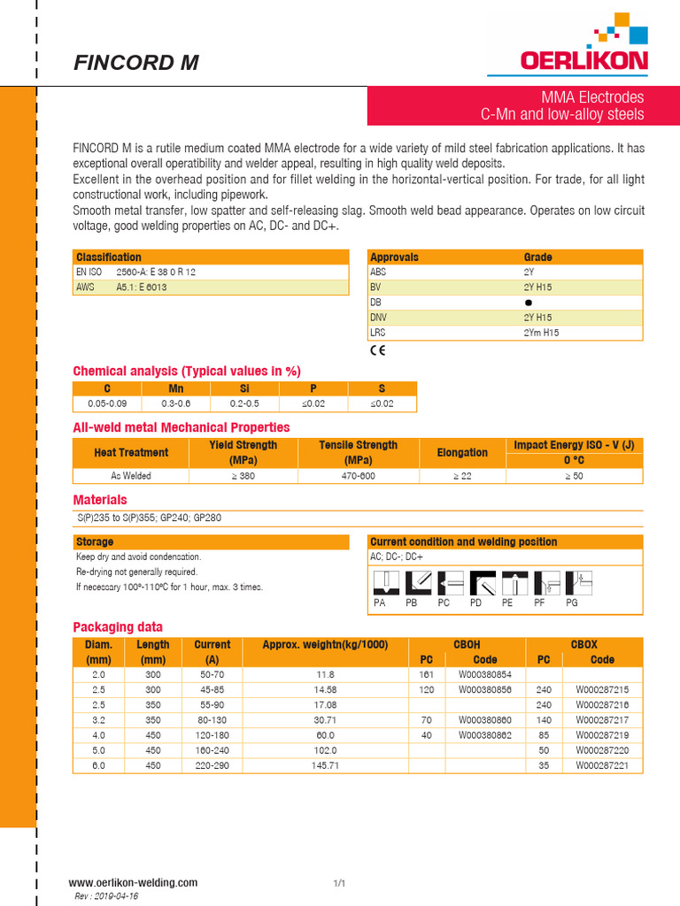 E 6013 Fincord M electrode-oerlikon-en-TN110429 | PDF | Construction ...