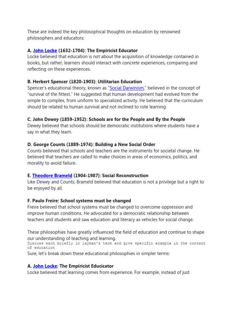 Philosophical Thoughts On Education | PDF | Pedagogy | Philosophy Of Education