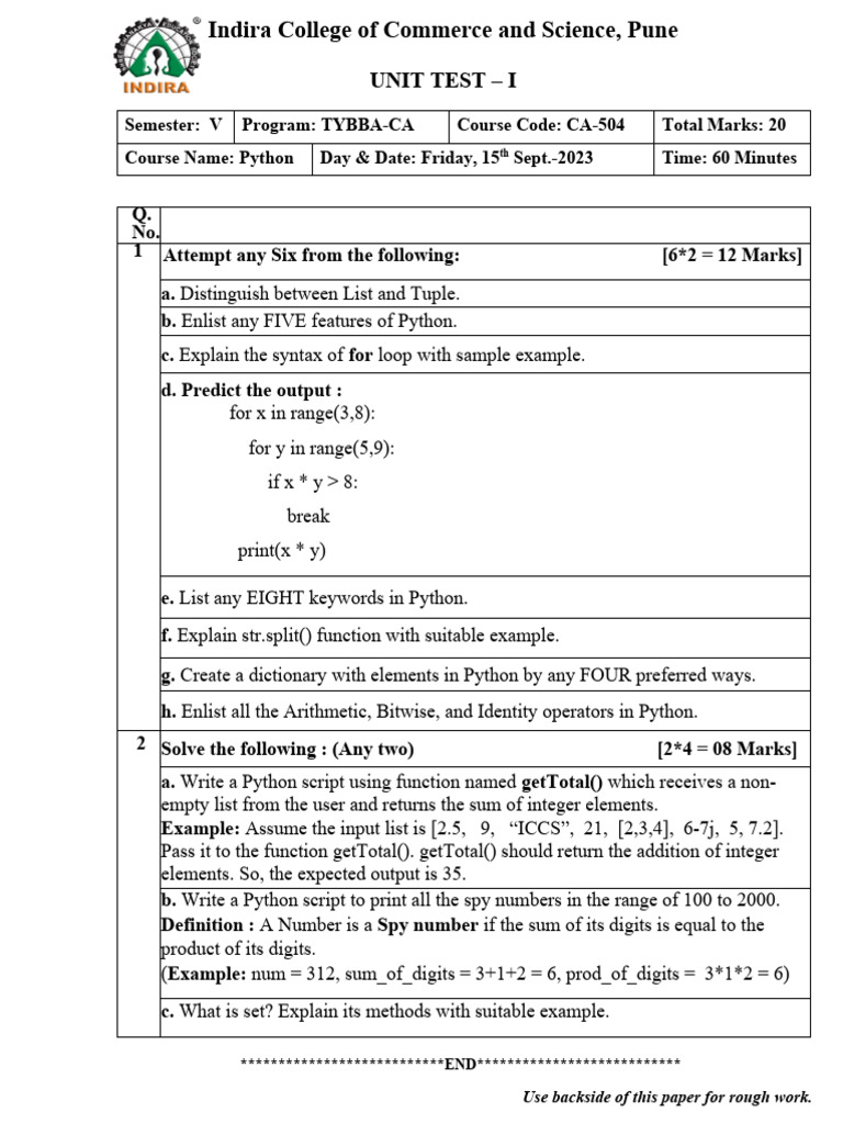 Python Unit Test - 1 Paper | PDF
