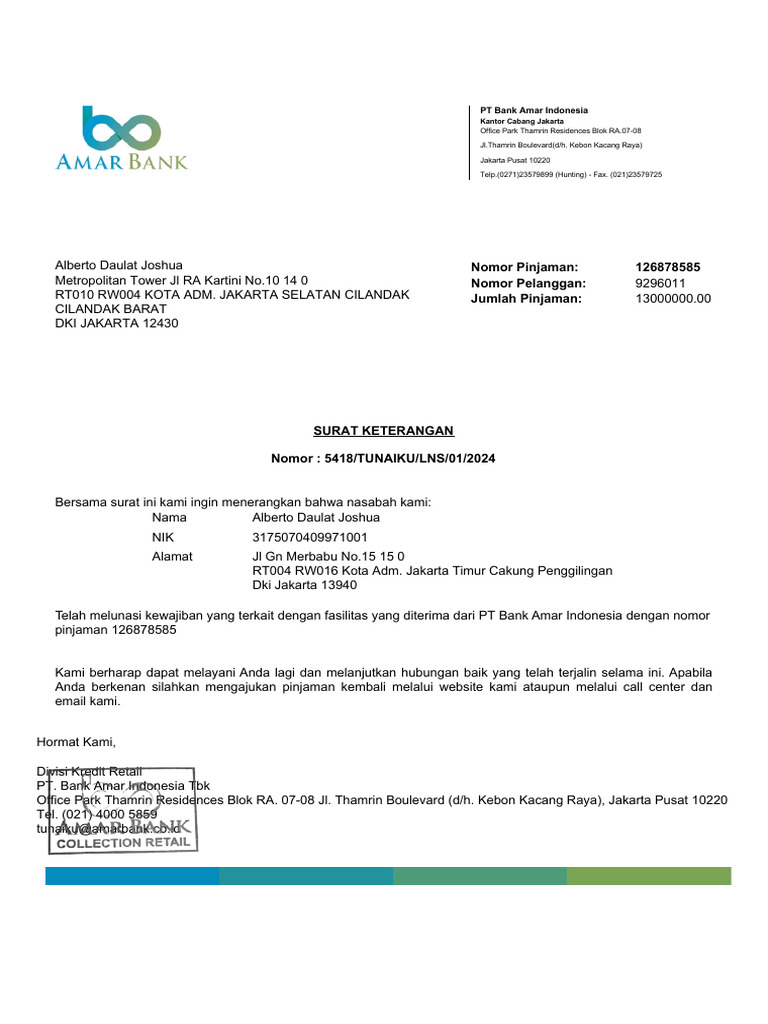 Surat Keterangan Pelunasan Hutang Bank | PDF