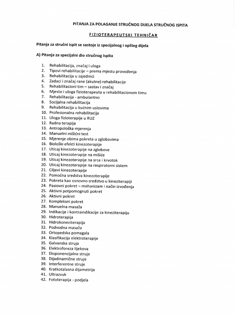 Strucni Ispit-Fizioterapeutski Tehnicar | PDF