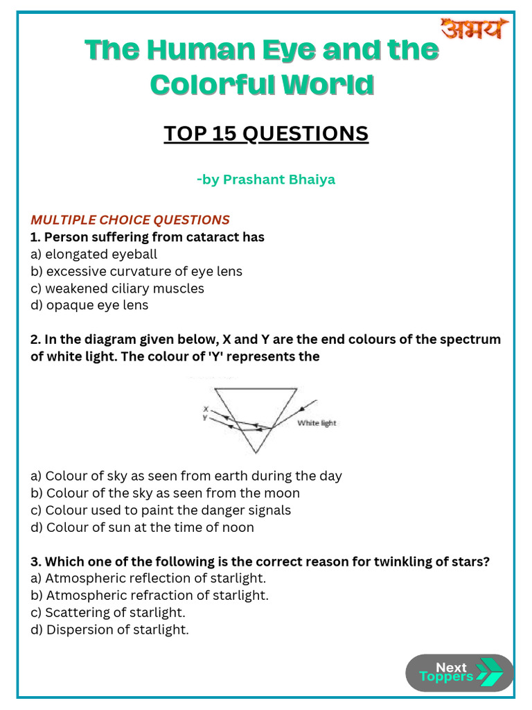 Human Eye MCQs and Answers Guide | PDF | Color | Light