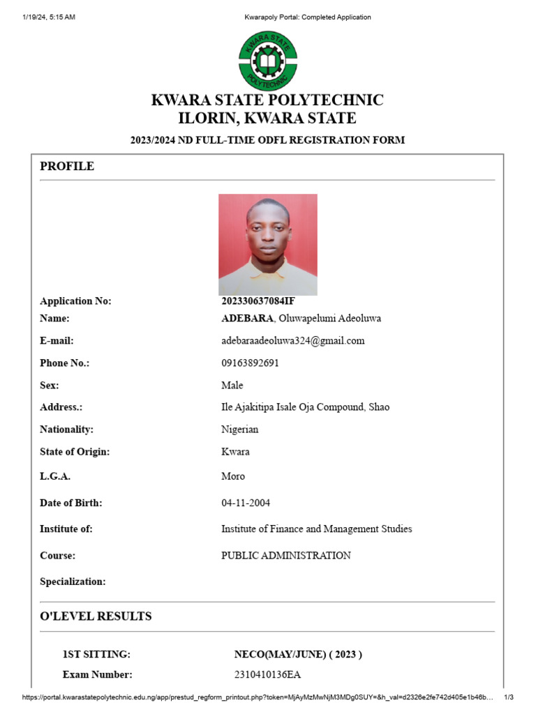 Kwarapoly Portal - Completed Application | PDF