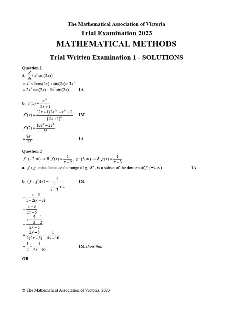 2023 MAV MathsMethods Trial Exam 1 Solutions | PDF | Applied ...