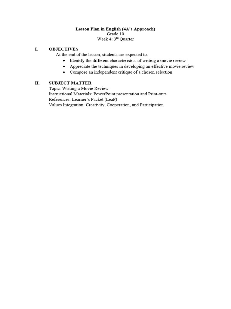 WEEK 4 LESSON PLAN Writing A Movie Review | PDF