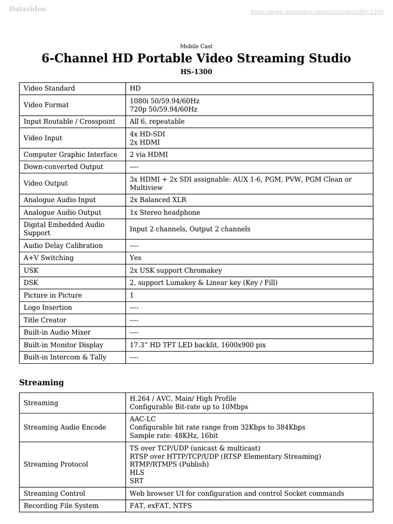(Spec) HS-1300 | PDF | Streaming Media | Hdmi