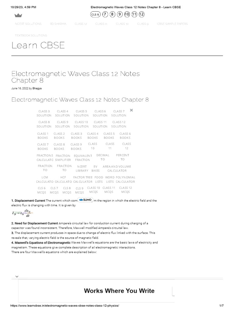 Class 12 Electromagnetic Waves Notes | PDF | Electromagnetic Radiation ...
