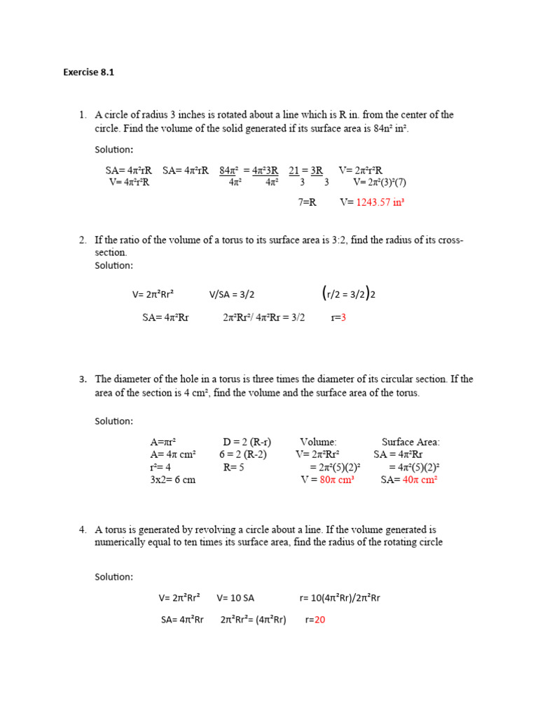 Exercise 8.1: V= 4Π²R²R 4Π² 4Π² 3 3 V= 2Π² (3) ² | PDF | Area | Ellipse