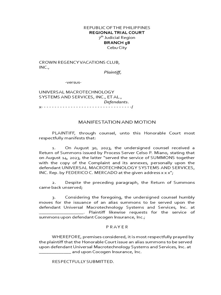 Manifestation and Motion For Issuance of Alias Summons | PDF | Government Institutions ...