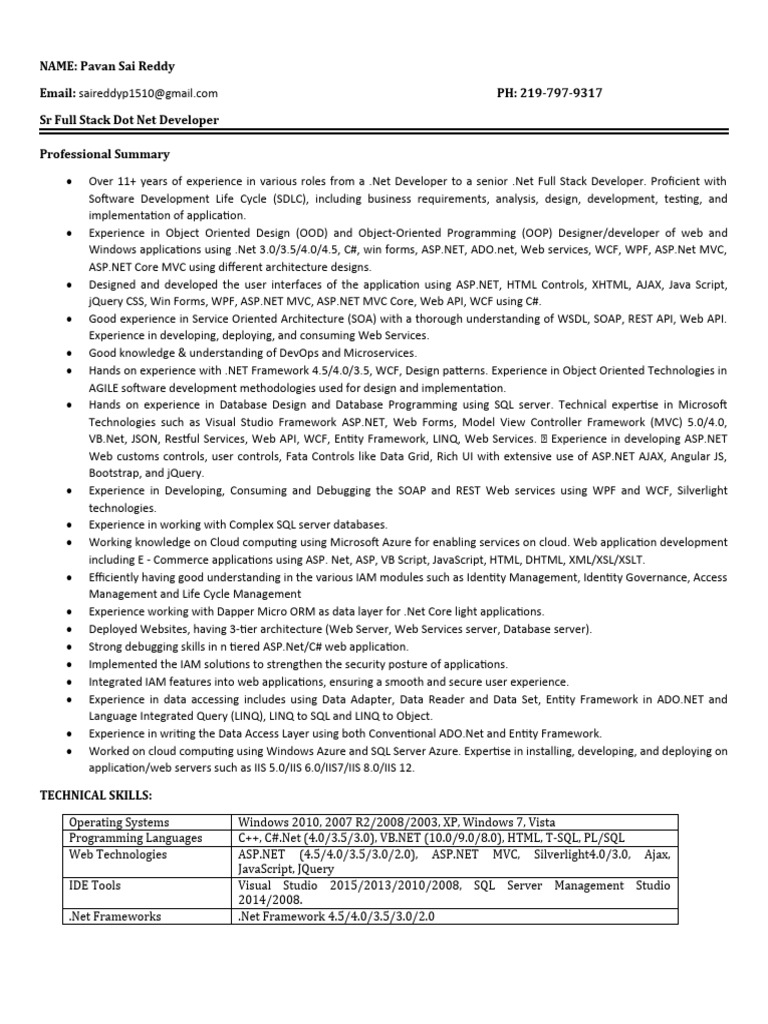 Pavan - Sr. Net Developer - Updated Resume | PDF | Microsoft Sql Server | World Wide Web
