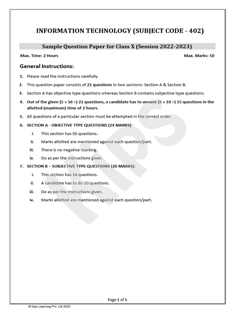 Class X IT Sample Paper 2022-23 | PDF | Table (Database) | Databases