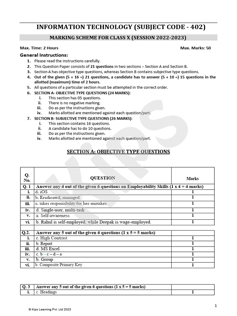 402 - InformationTechnology - Class - X - Sample Paper 2 - AnswerKey | PDF | Databases | World ...