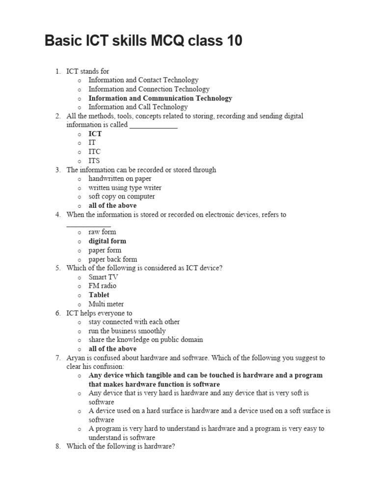Basic ICT Skills MCQ Class 10: Information and Communication Technology | PDF | Computer Virus ...