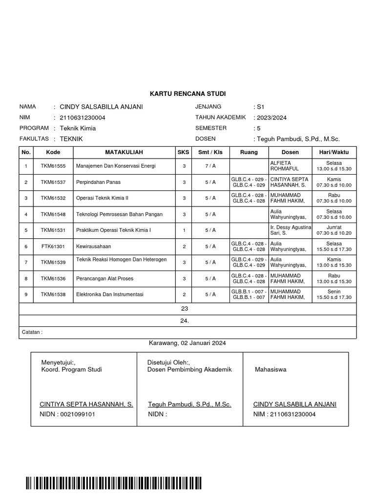 Kartu Rencana Studi: Nama NIM Jenjang Tahun Akademik | PDF