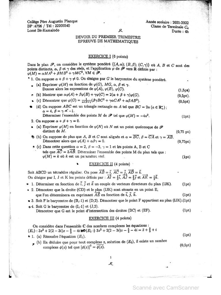 Devoir Surveiller Du Premier Trimestre C | PDF