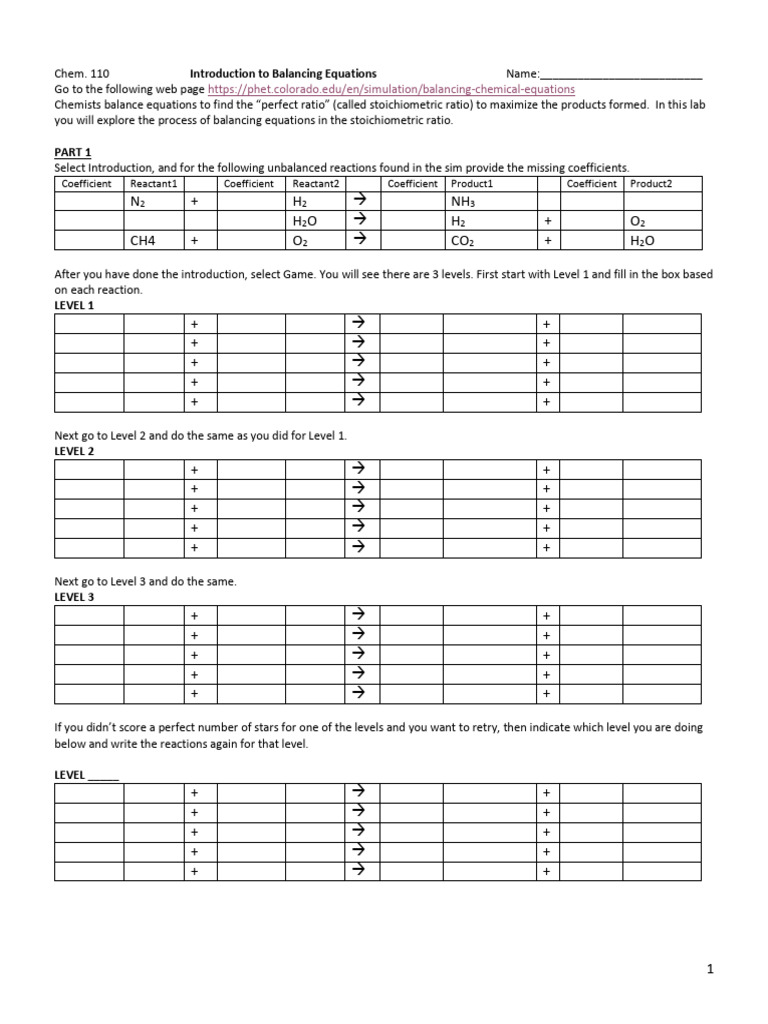 Balancing Equations Phet Simulation Lab | PDF | Oxide | Stoichiometry