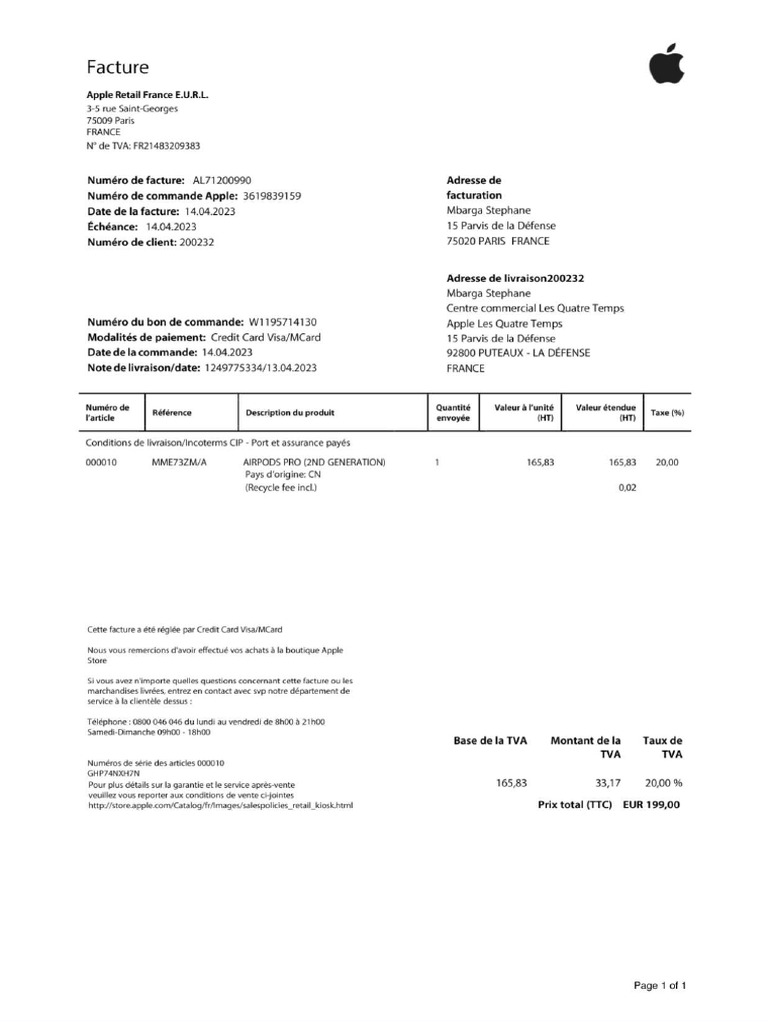 Facture AirPods Pro 2 | PDF