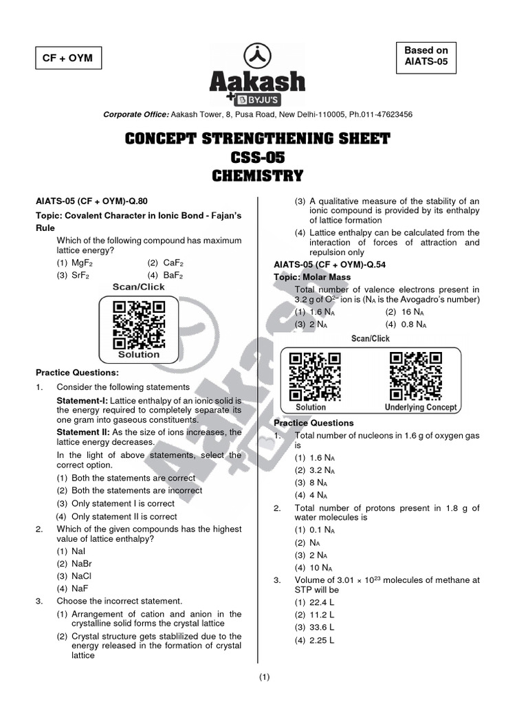 Concept Strengthening Sheet (CSS-05) Based On AIATS-05 (CF+OYM) - Chemistry | PDF | Ionic ...