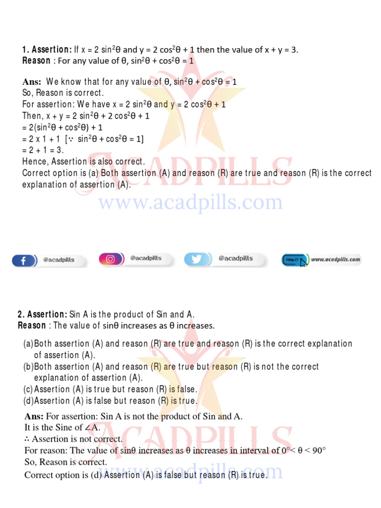 Maths X Assertion Reasoning Chapter 08 | PDF | Trigonometry ...