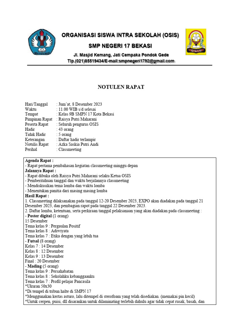 Notulen Rapat OSIS Classmeeting 2023 | PDF