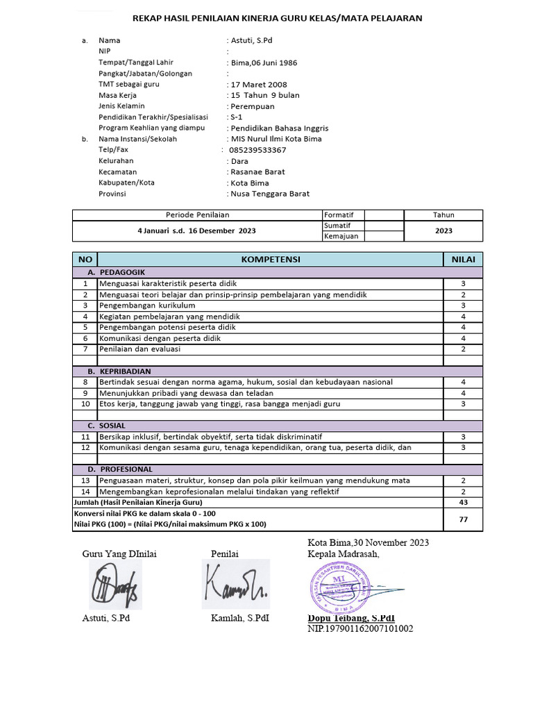 Rekapitulasi Hasil Penilaian Kepala Madrasah | PDF