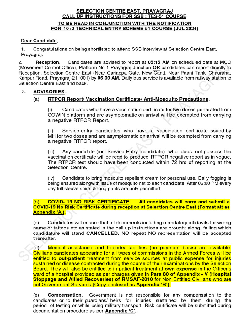 SSB Call-Up Instructions for TES-51 | PDF | Identity Document