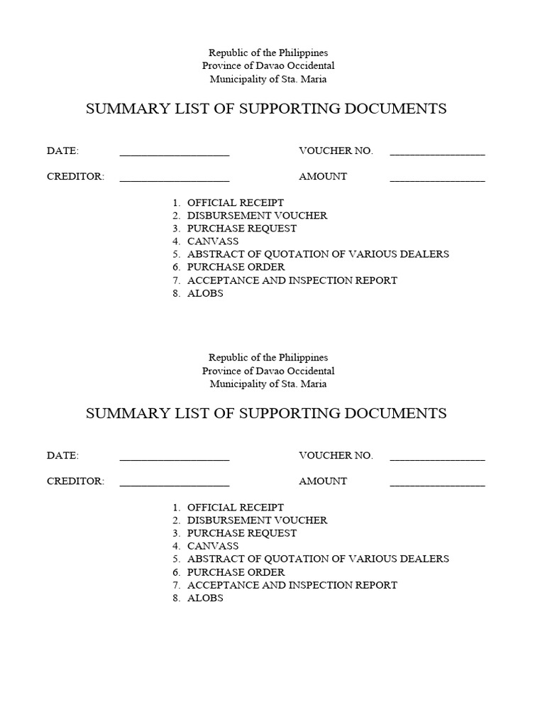 Summary List of Supporting Documents | PDF | Bookbinding | Procurement