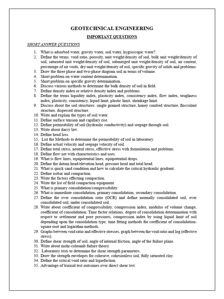 Geotechnical Engineering Imp Questions | PDF | Soil Mechanics | Density