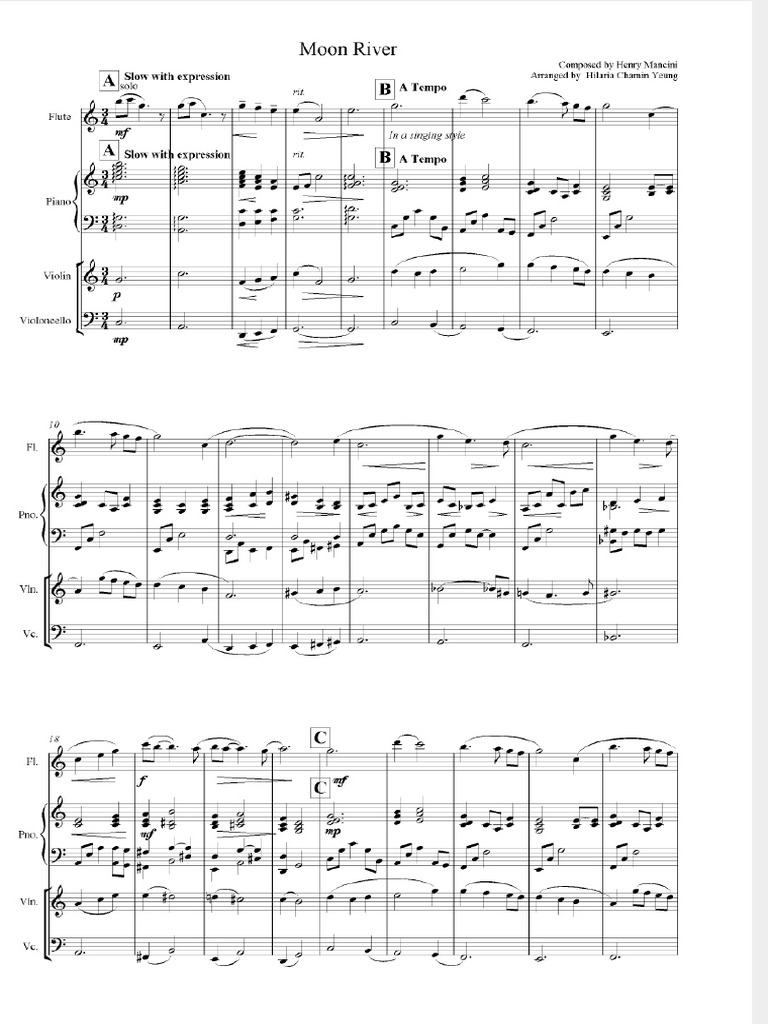Moon River Musicscore For Flute Piano Violin Cello | PDF