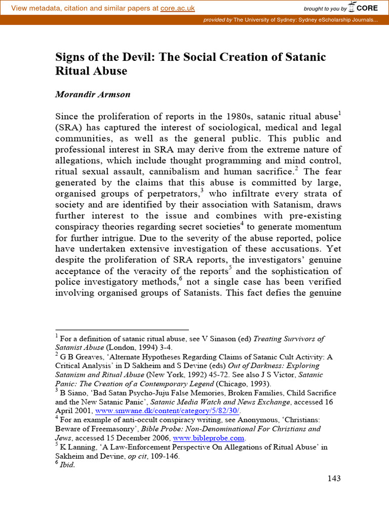 Signs of The Devil: The Social Creation of Satanic Ritual Abuse ...