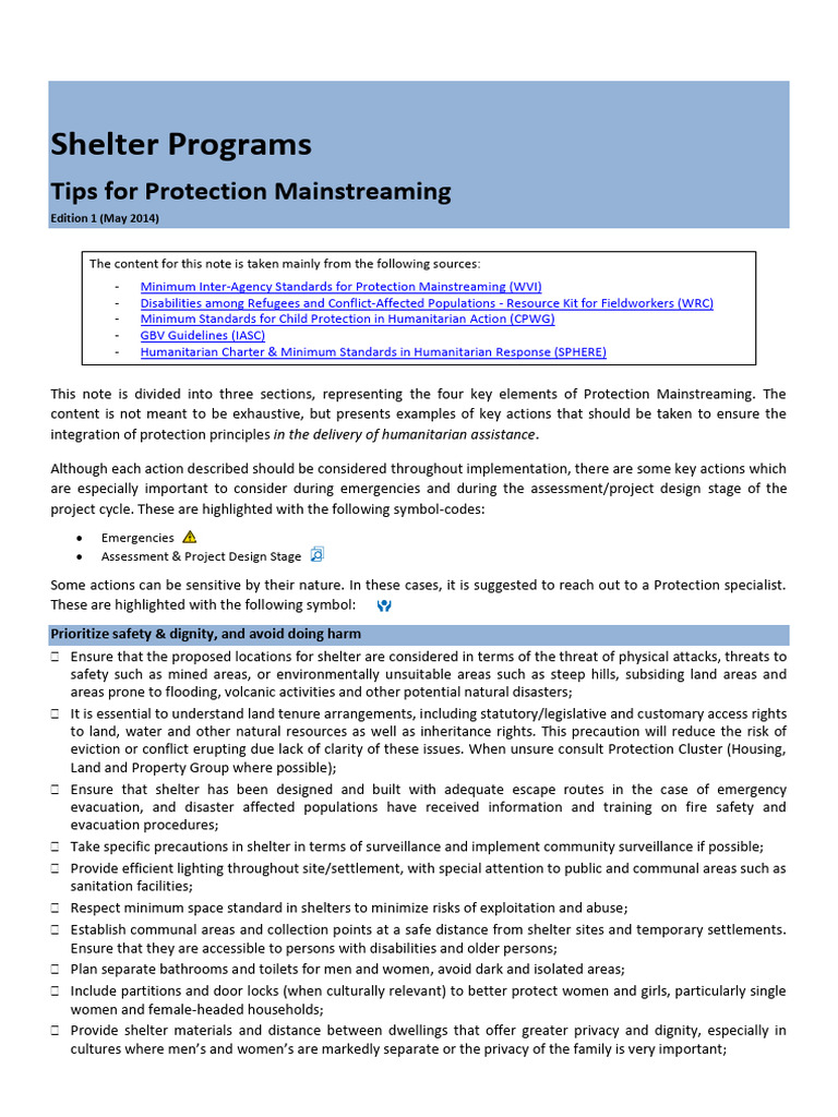 Protection Mainstreaming Tip Sheet - Shelter Programs | PDF ...