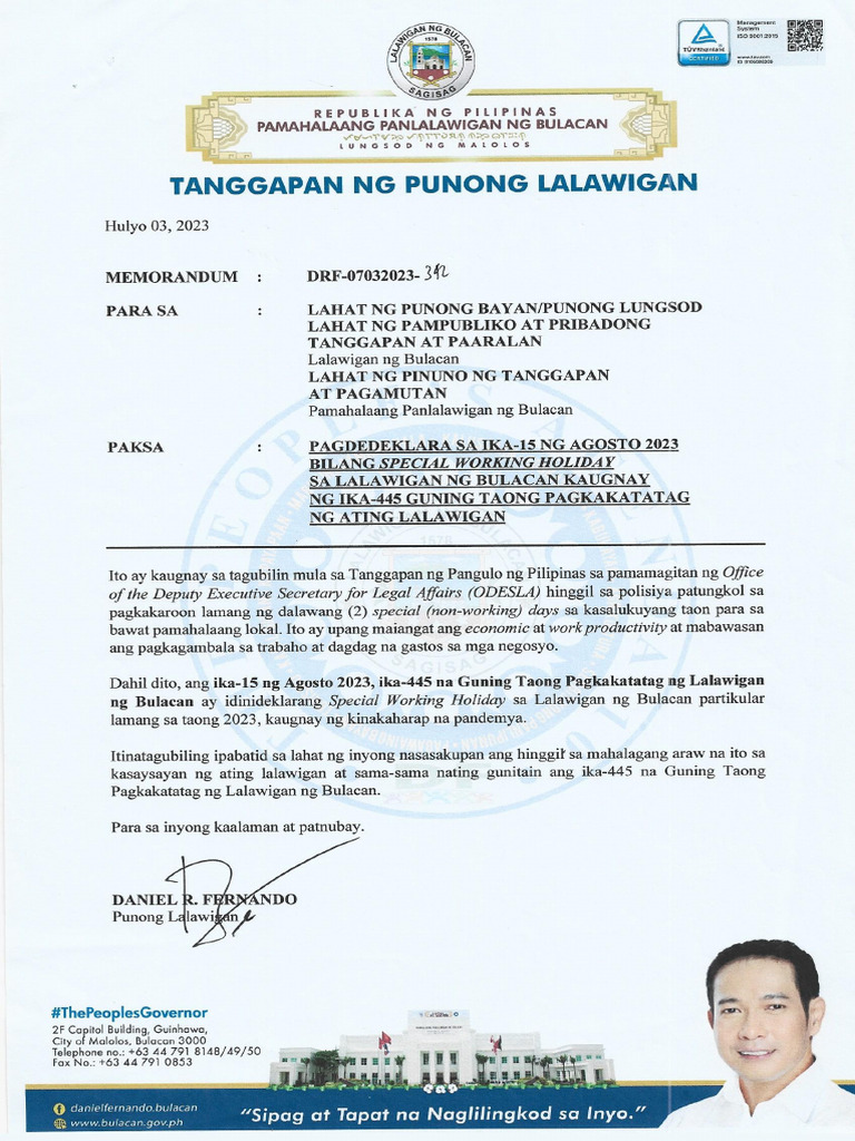 DRF 07032023 342 Pagdedeklara Sa Ika 15 NG Agosto 2023 Bilang Special ...