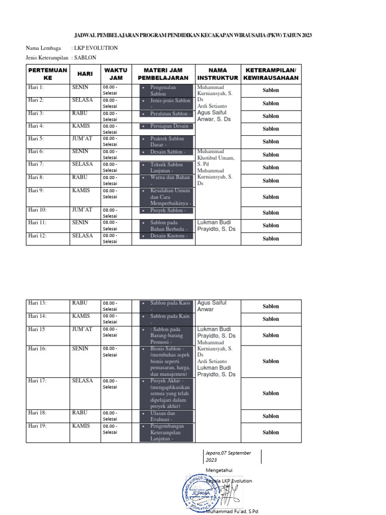 Jadwal Pembelajaran Program Pendidikan Kecakapan Wirausaha | PDF