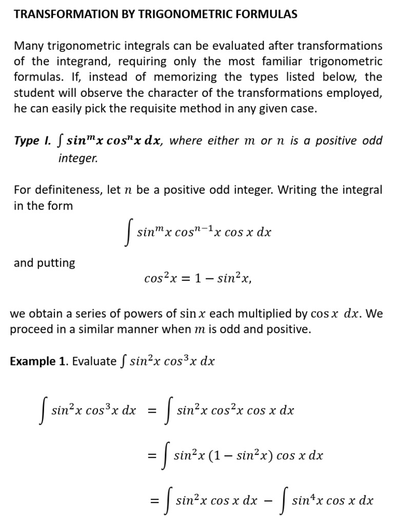 2d. TRANSFORMATION BY TRIGONOMETRIC FORMULAS | PDF | Trigonometric Functions | Integral