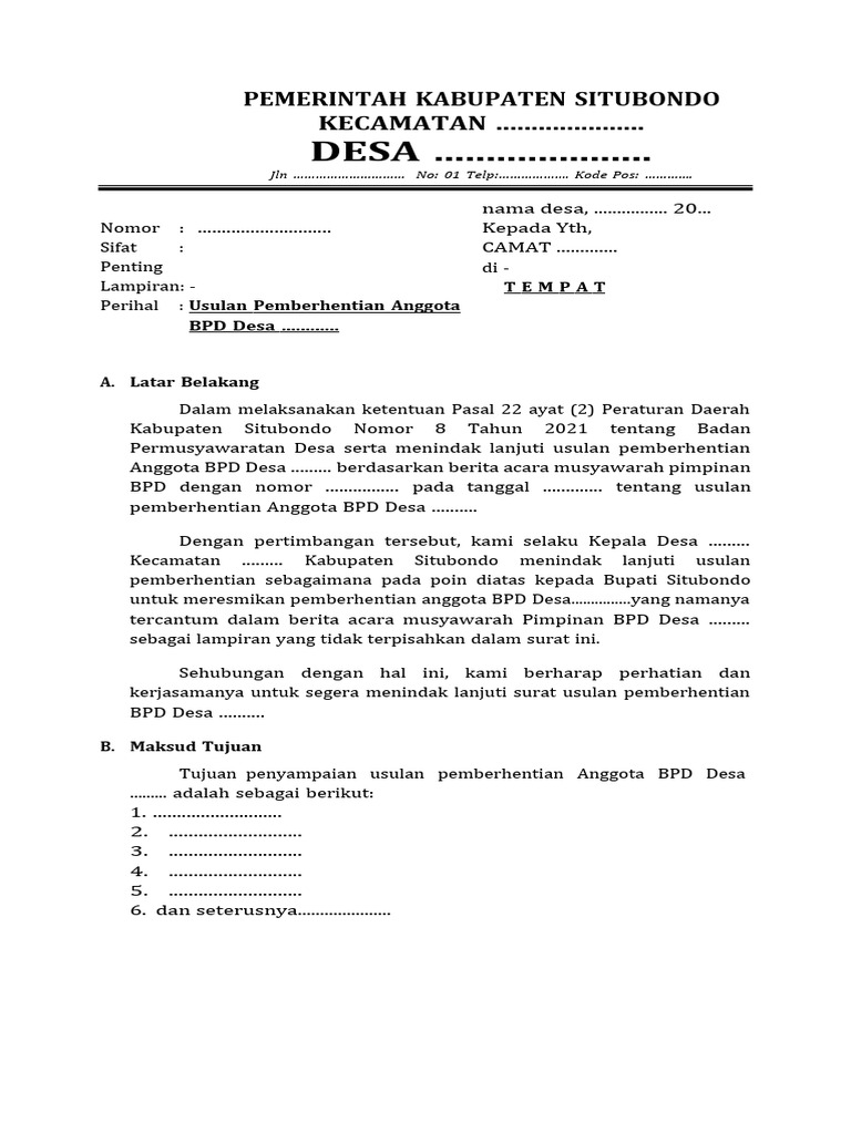 Contoh - Surat Pemberhentian BPD (Kepala Desa) | PDF | Politik ...