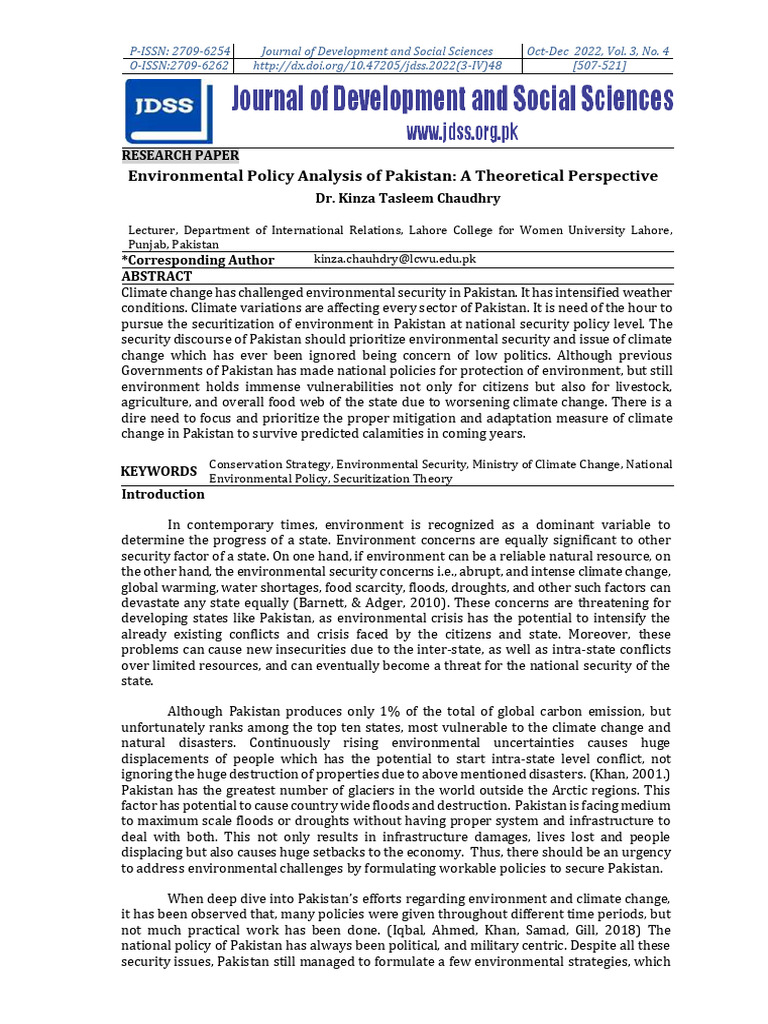 Environmental Policy Analysis of Pakistan: A Theoretical Perspective ...