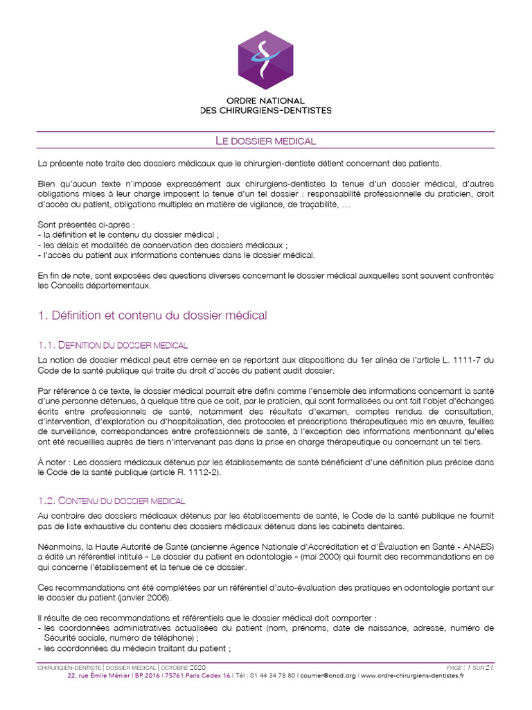 Dossier Médical Contenu Conservation Acces Du Patient | PDF | Dentiste ...