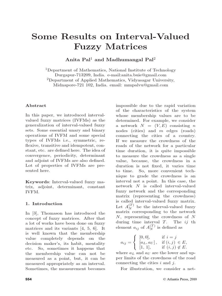 Some Results On Interval-Valued Fuzzy Matrices: Anita Pal and Madhumangal Pal | PDF | Matrix ...