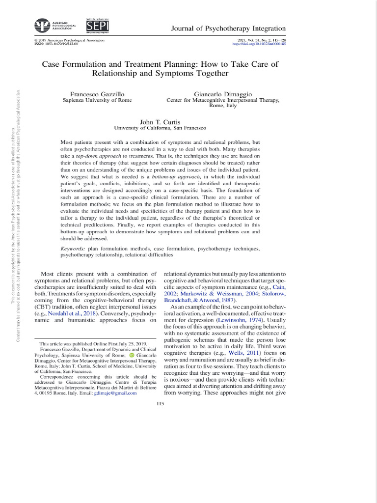 Artículo Case Formulation and treatment planning_Gazzillo et al. 2021 | PDF