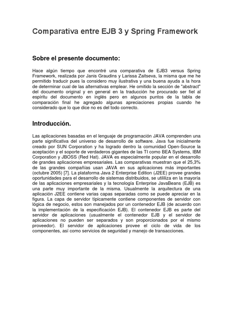 Comparativa Entre EJB 3 y Spring Framework | PDF | Enterprise Java Beans | Spring Framework
