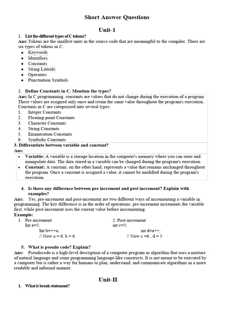 ITP Short Answer Questions (AutoRecovered) | PDF | Control Flow | Data Type
