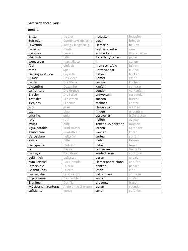 Examen de Vocabulario A1 | PDF